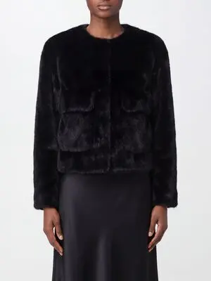DUNO Crew Neck Faux Fur Jacket With Patch Pockets - Black