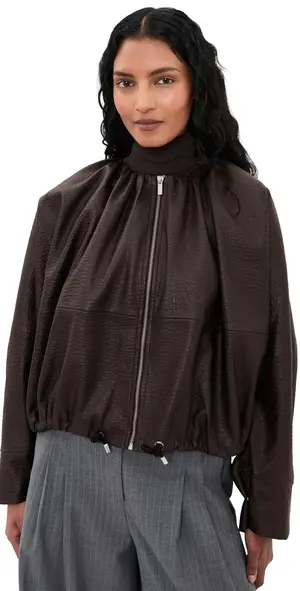 MEIMEIJ Blouson Cinched Bottom Sustainable Bubble Faux Leather Jacket - Coffee