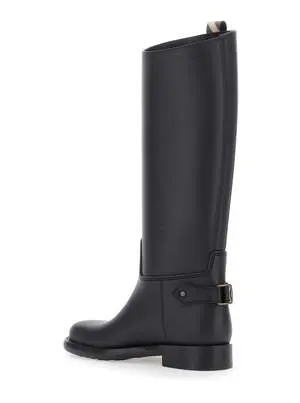 Burberry Cavalier' Black Rain Boots With Check Heel Tab And Back Buckle Strap In Rubber For
