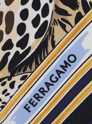 FERRAGAMO Blue Scarf With All-over Print And Embossed Logo Lettering In Silk - Multicolor
