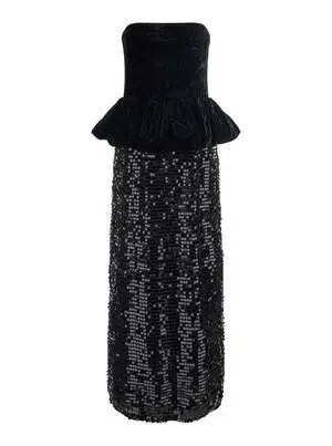 ROTATE BY BIRGER CHRISTENSEN Black Long Dress With Peplum At The Waist And Sequin Embellishment In Tech Fabric For - Multicolor