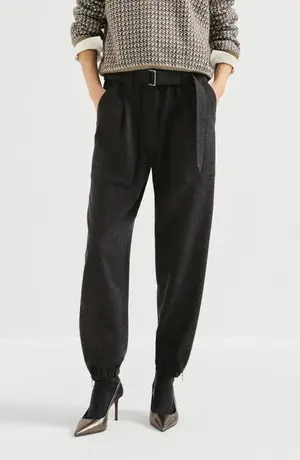 Brunello Cucinelli Virgin Wool And Cashmere Twill Flannel Loose Cargo Trousers With Monili - Anthracite