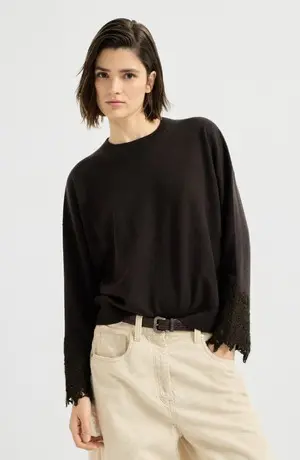 Brunello Cucinelli Cashmere Sweater With Wispy Lace Cuffs - Coffee