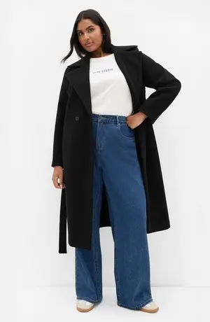 City Chic Riley Row Belted Coat - Black