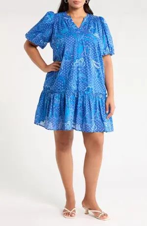 SUGARLIPS Berke Puff Sleeve Shift Minidress - Blues-multi