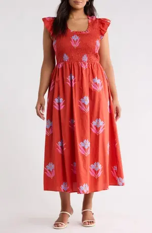SUGARLIPS Sherly Smocked Midi Dress - Rust-pink