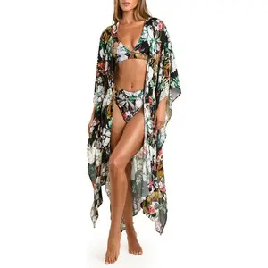 L'AGENCE Gilded Garden Cover-up Long Kimono - Black