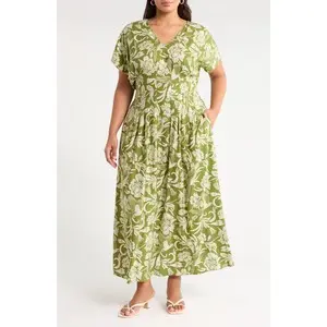 SUGARLIPS Melda Pleated Midi Dress - Olive
