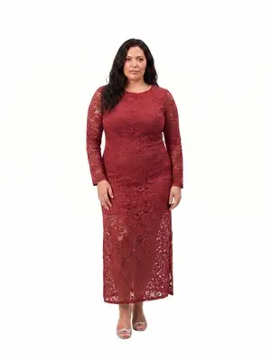 24SEVEN COMFORT APPAREL 24seven Comfort Elevate Curvy Round Neck Long Sleeve Lace Maxi Dress - Brick