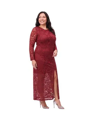 24SEVEN COMFORT APPAREL 24seven Comfort Elevate Curvy Round Neck Long Sleeve Lace Maxi Dress - Brick
