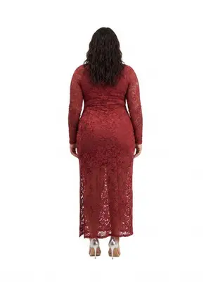 24SEVEN COMFORT APPAREL 24seven Comfort Elevate Curvy Round Neck Long Sleeve Lace Maxi Dress - Brick