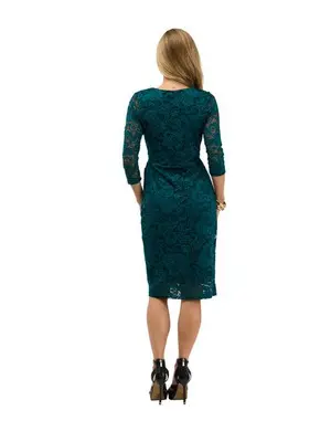 24SEVEN COMFORT APPAREL 24seven Comfort Elevate Lace Wrap Dress With Three-quarter Sleeves - Emerald