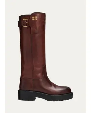 Miu Miu 55mm Lug-sole Leather Knee-high Boots - Caffe