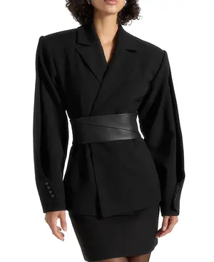Manière De Voir Marie Wool Twist Sleeve Blazer With Belt - Black