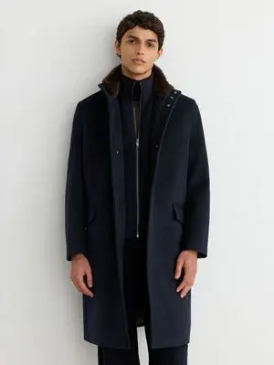 REISS Greer Wool-blend Gilet-insert Faux-fur Trim Coat - Navy