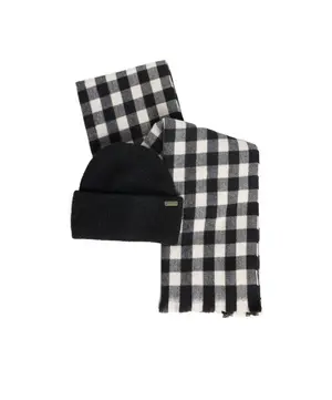 Barbour Knitted Beanie And Check Scarf Set - Black