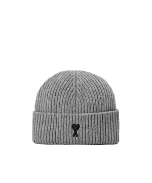 AMI Paris Ribbed Knit Beanie - Gray