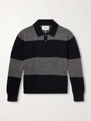 CORRIDOR Striped Woven Brushed Alpaca-blend Polo Sweater - Black