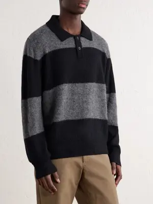 CORRIDOR Striped Brushed Alpaca-blend Polo Sweater - Black