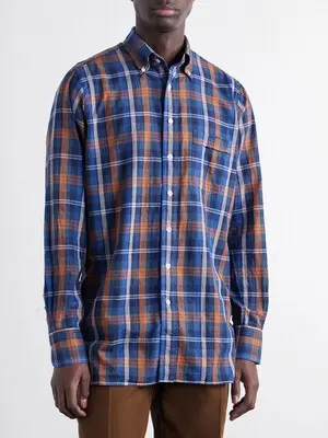 DRAKE'S Button-down Collar Checked Woven Cotton Shirt - Blue
