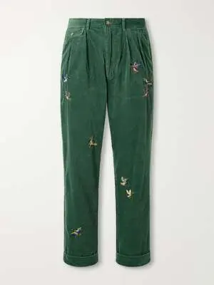 Polo Ralph Lauren Straight-leg Embroidered Pleated Cotton-corduroy Trousers - Green