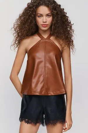 PILCRO Faux Leather Halter Top - Brown