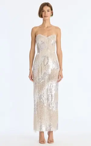 Oscar De La Renta Strapless Sequin With Beaded Fringe Cocktail Dress - Silver