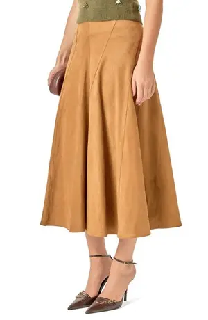 English Factory Faux Suede Flared Midi Skirt
