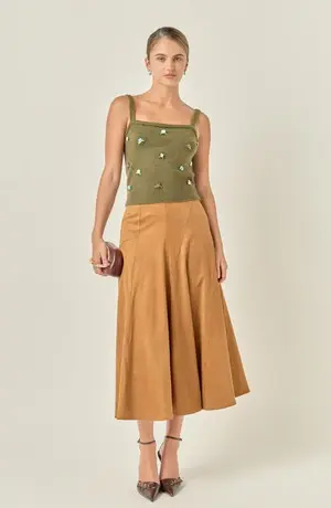 English Factory Faux Suede Flared Midi Skirt
