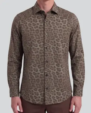 LORDS OF HARLECH Spread Collar Stretch Cotton Poplin Shirt - Leopard Sage