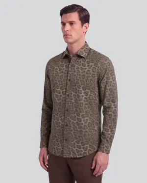 LORDS OF HARLECH Spread Collar Stretch Cotton Poplin Shirt - Leopard Sage
