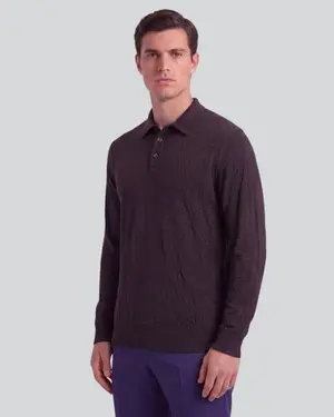 LORDS OF HARLECH Merino Wool Textured Polo Sweater - Brownie