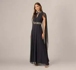 Adrianna Papell Beaded Trim Keyhole Cape Gown