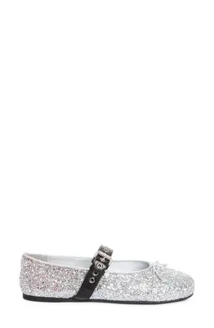 Miu Miu Bow Glitter Mary Jane Ballerina Flat - Argento