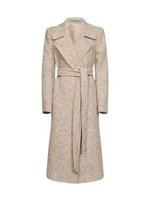Tagliatore Oatmeal Speckled Herringbone Wool Molly Long Belted Coat