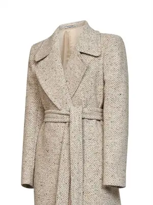 Tagliatore Oatmeal Speckled Herringbone Wool Molly Long Belted Coat