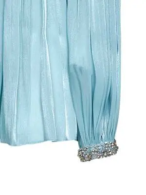 Costarellos Sky Blue Lurex Georgette Timea Top With Crystal Embroidery - Multicolor