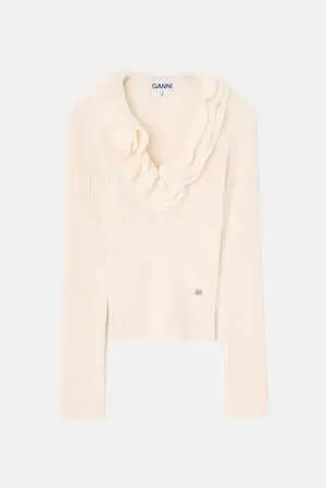 GANNI Ribbed Merino Frill Top - Multicolor