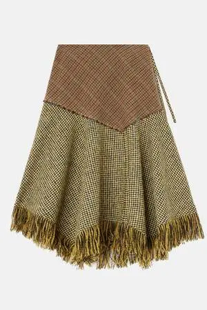 GANNI Woollen Check Patchwork Long Skirt