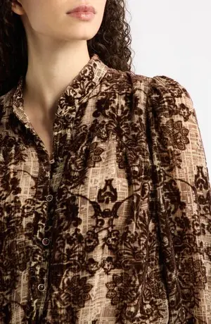 CIEBON Kay Velvet Burnout Mandarin Collar Button-up Shirt - Brown Multi