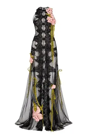 SALMA OSMAN Floral Appliqué Lace Halter Gown - Multi