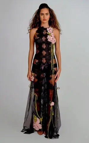 SALMA OSMAN Floral Appliqué Lace Halter Gown