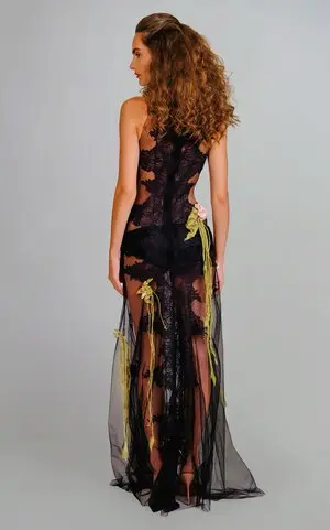 SALMA OSMAN Floral Appliqué Lace Halter Gown