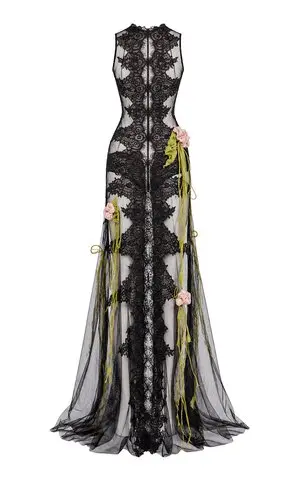 SALMA OSMAN Floral Appliqué Lace Halter Gown