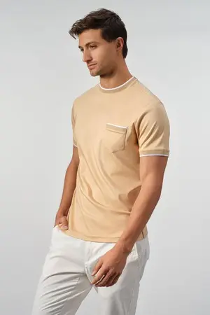 GARNET Classic-fit Crewneck Cotton Pocket T-shirt - Sand