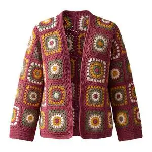 ANA CHIC Mosaic Handmade Crochet Cardigan In Burgundy And Mustard - Red