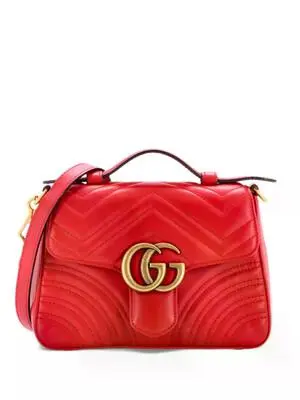 Gucci Gg Marmont Top Handle Flap Bag Matelasse Leather Mini Satchel - Red