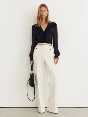 REISS Laverna Sheer Ruched Ruffle V-neck Blouse