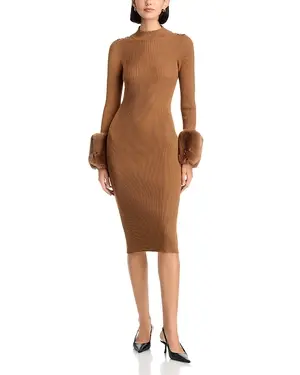 Elie Tahari Savannah Faux Fur Cuff Midi Sweater Dress - Sable