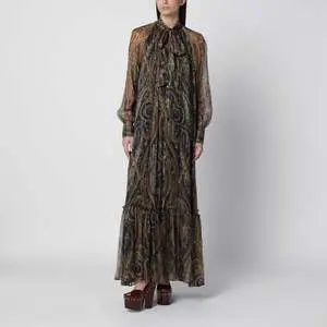 Etro Long Puff-sleeve Paisley Print Dress With Tie-neck Ruffle Hem